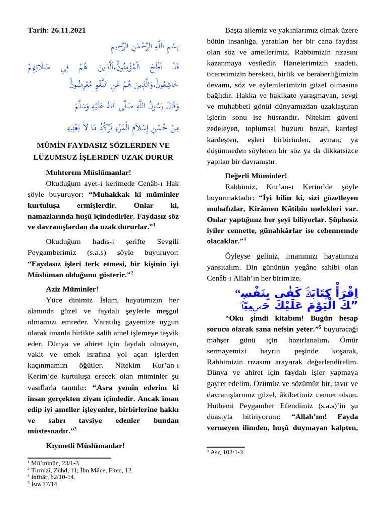 Mu776min Faydasz So776zlerden Ve Lu776zumsuz I775s807lerden Uzak Durur | PDF