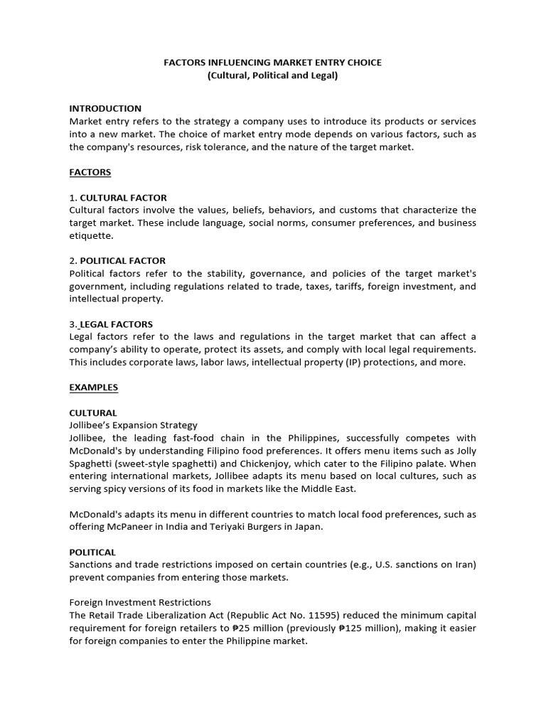 Market Entry Factors: Culture, Politics, Law | PDF | Market (Economics ...