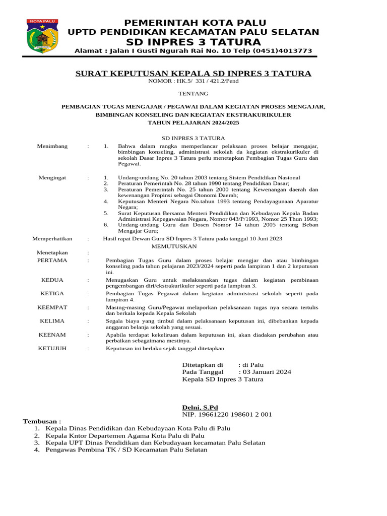 SK Pembagian Tugas Mengajar Tapel 2023 2024 | PDF