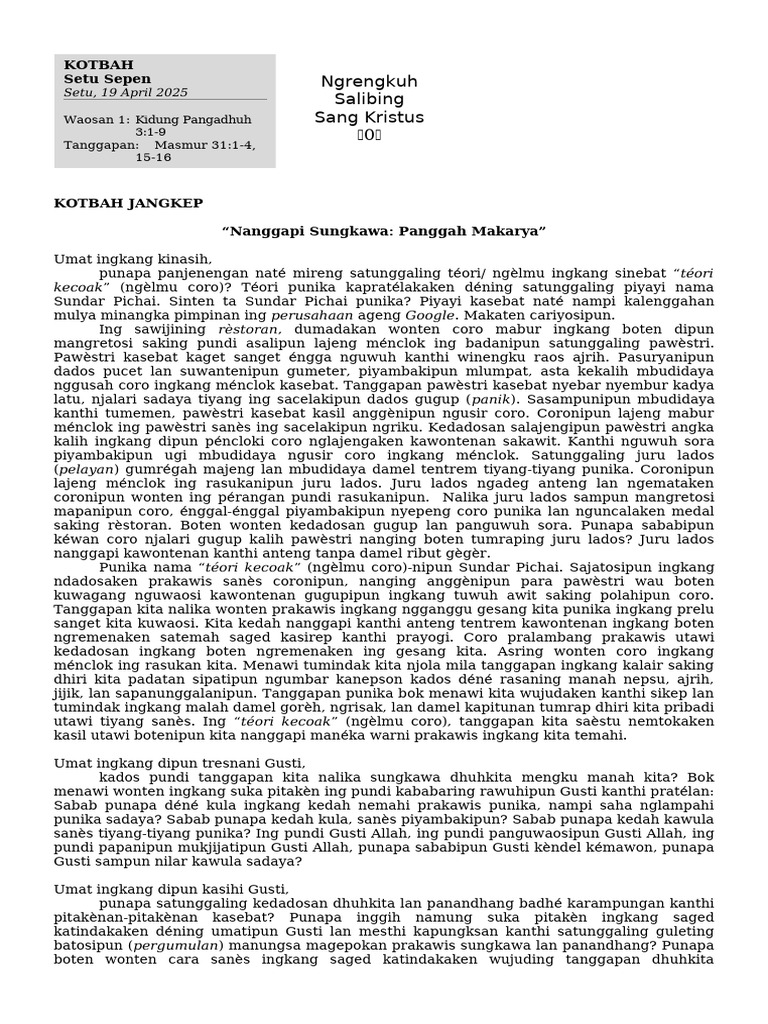 Bahan Khotbah Setu Sunyi, 19 April 2025 | PDF