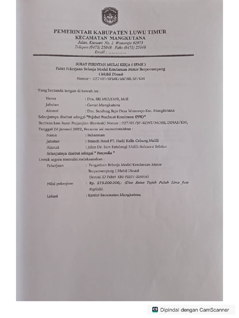 Surat Perintah Mulai Kerja (SPMK) | PDF