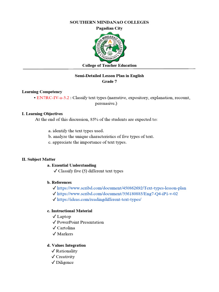 Grade 7 English Text Types Lesson Plan | PDF | Narrative | Cognition