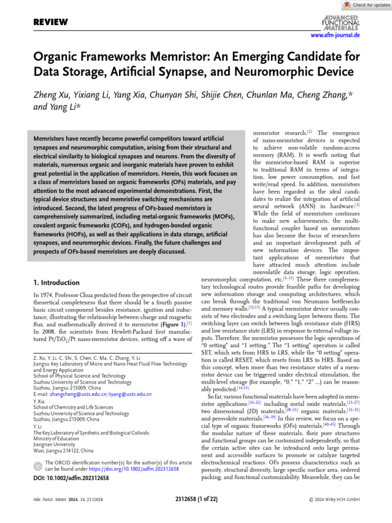 Organic Frameworks Memristor An Emerging Candidate for | PDF | Ion | Field Effect Transistor