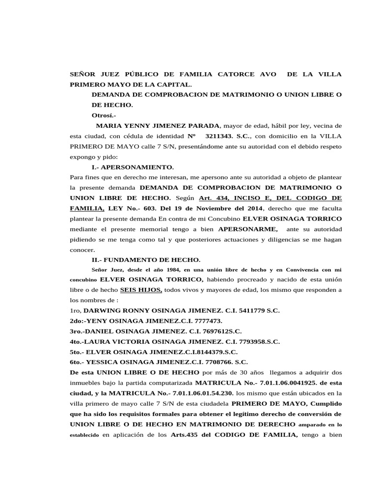 Proceso Familiar de Matrimonio de hecho- MARIA YENNY JIMENEZ PARADA ...