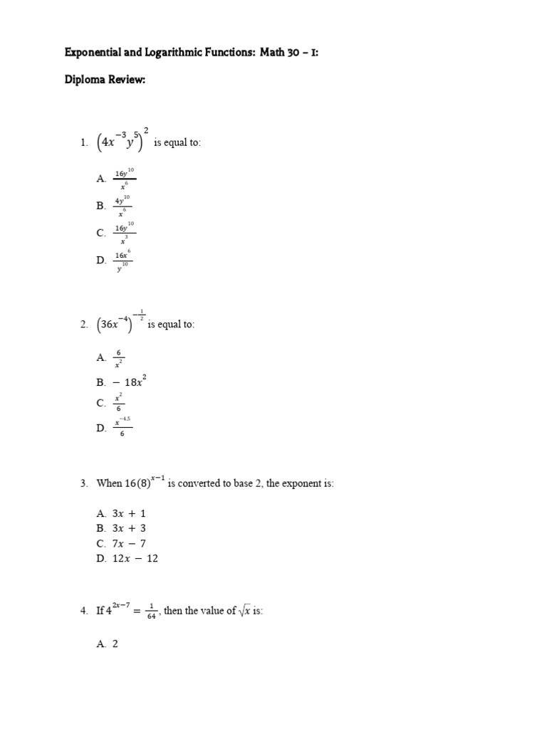 Exponential and Logarithmic Functions Diploma Review | PDF | Logarithm ...