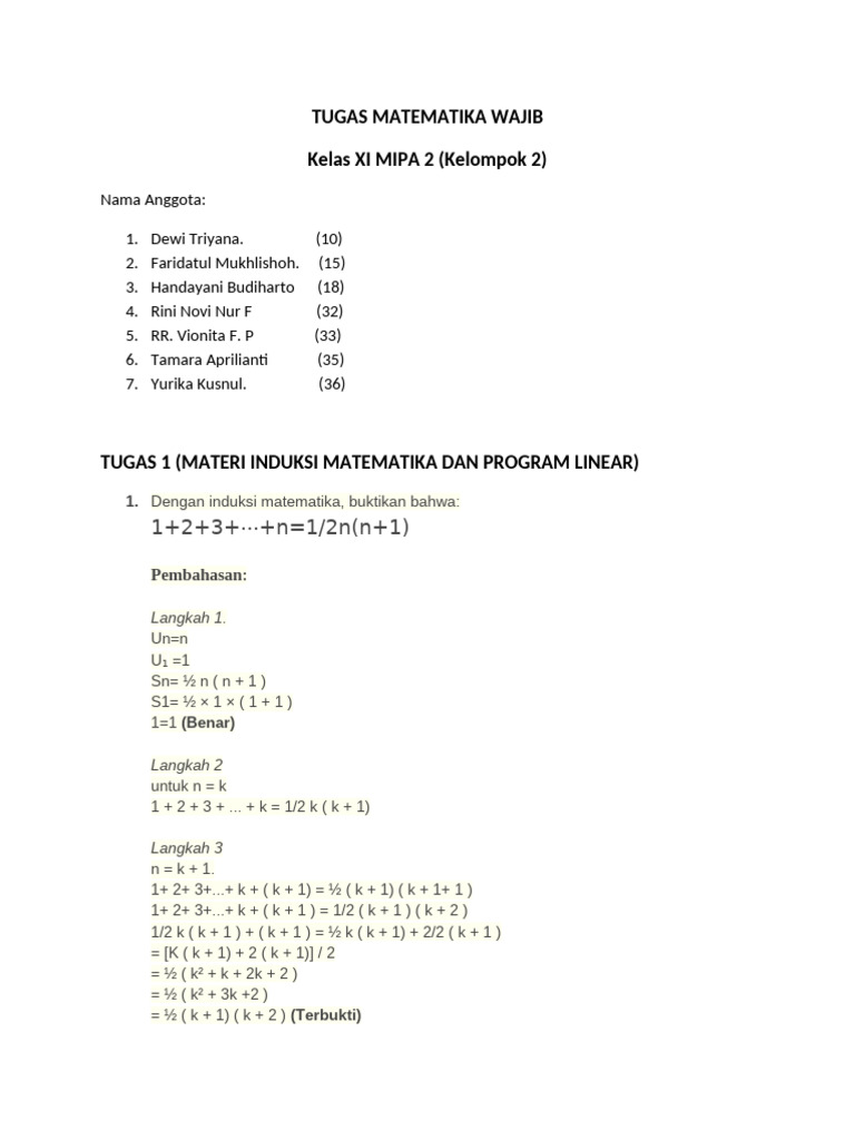 induksi matematika dan program linear kelompok 2 XI MIPA 2 | PDF
