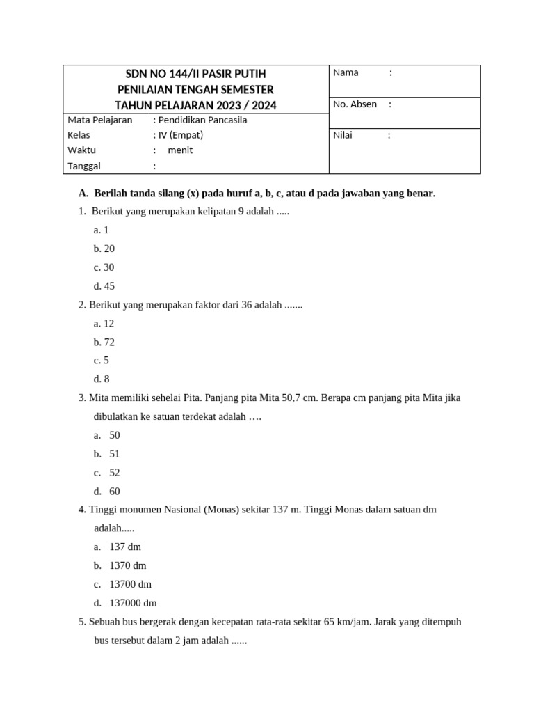 Soal MTK Kelas 4 Mid | PDF