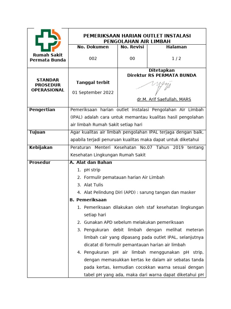 002 Spo Pemeriksaan Harian Outlet Ipal | PDF