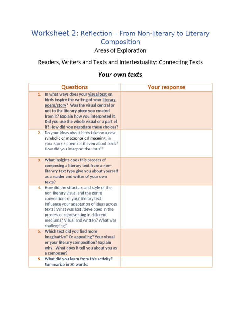 LAL Intro Worksheet2 RWT Intertextuality Reflection | PDF | Intertextuality | Writing