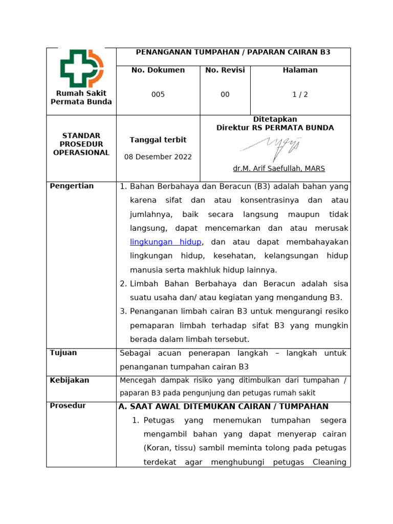 Prosedur Penanganan Tumpahan Cairan B3 | PDF