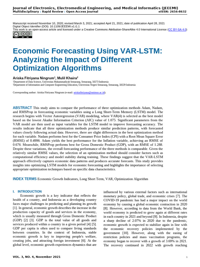 Economic Forecasting Using VAR-LSTM Analyzing the Impact of Different Optimization Algorithms ...