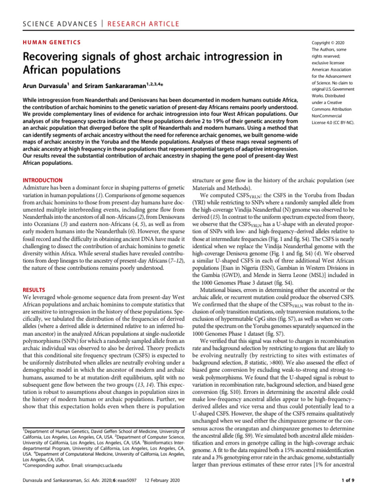 sciadv.aax5097 | PDF | Human Evolution | Genetics