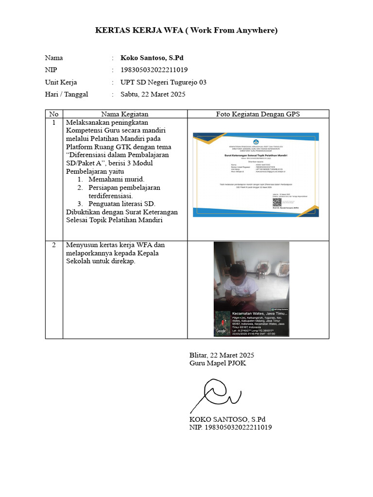 Kertas Kerja Wfa 22 Maret - Koko Santoso | PDF