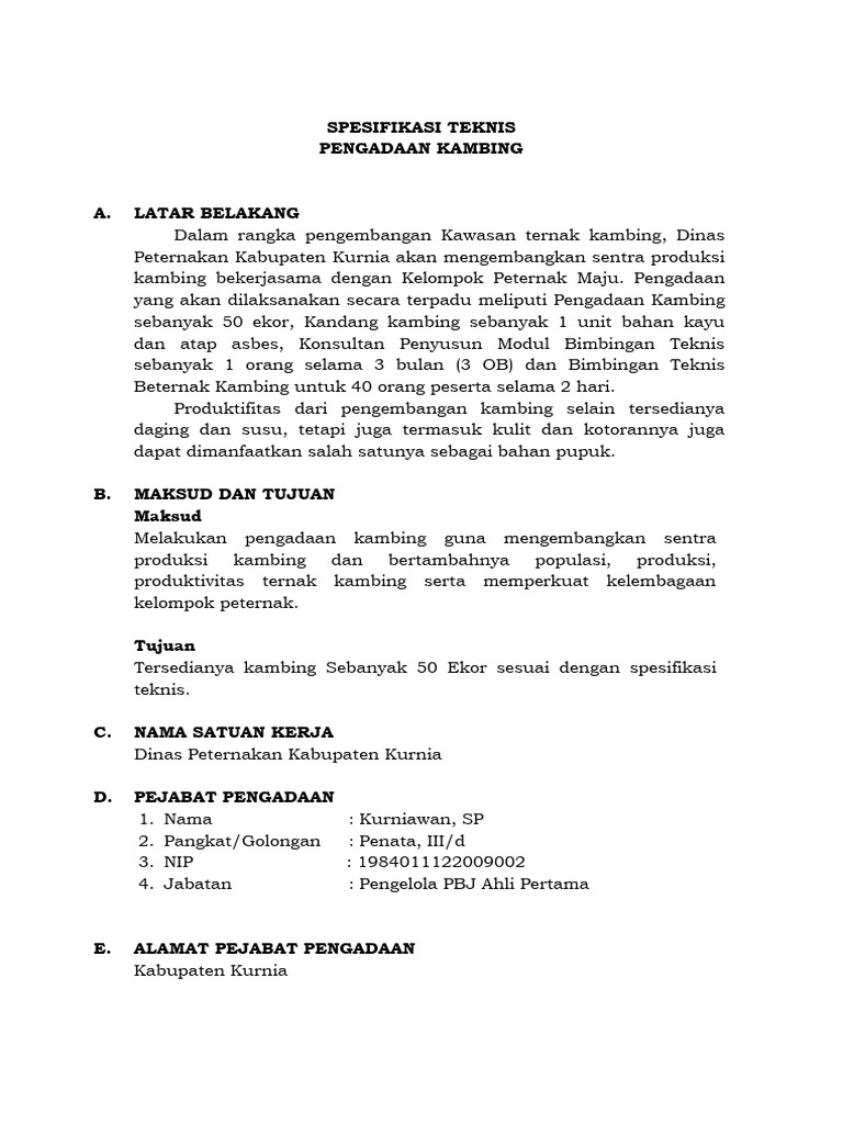 Lampiran 2 - Form Spesifikasi Teknis Pengadaan Kambing | PDF