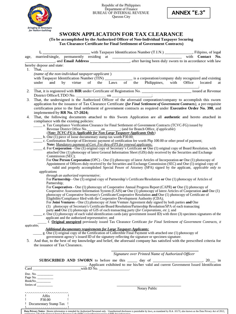 Sworn Application for Tax Clearance | PDF