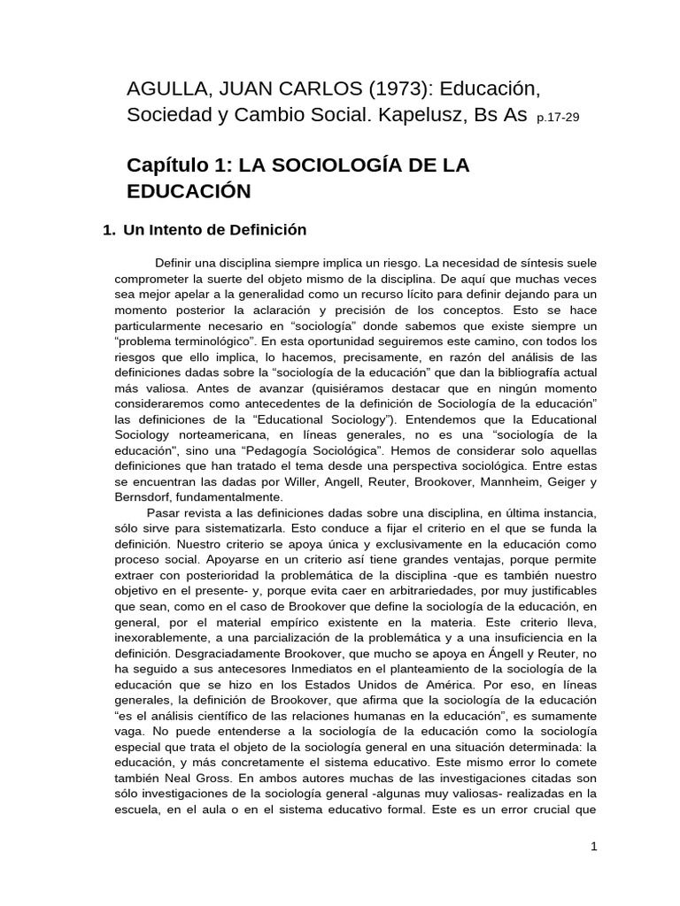 Agulla Cap. 1 - La Sociología de La Educación | PDF | Pedagogía | Sociología