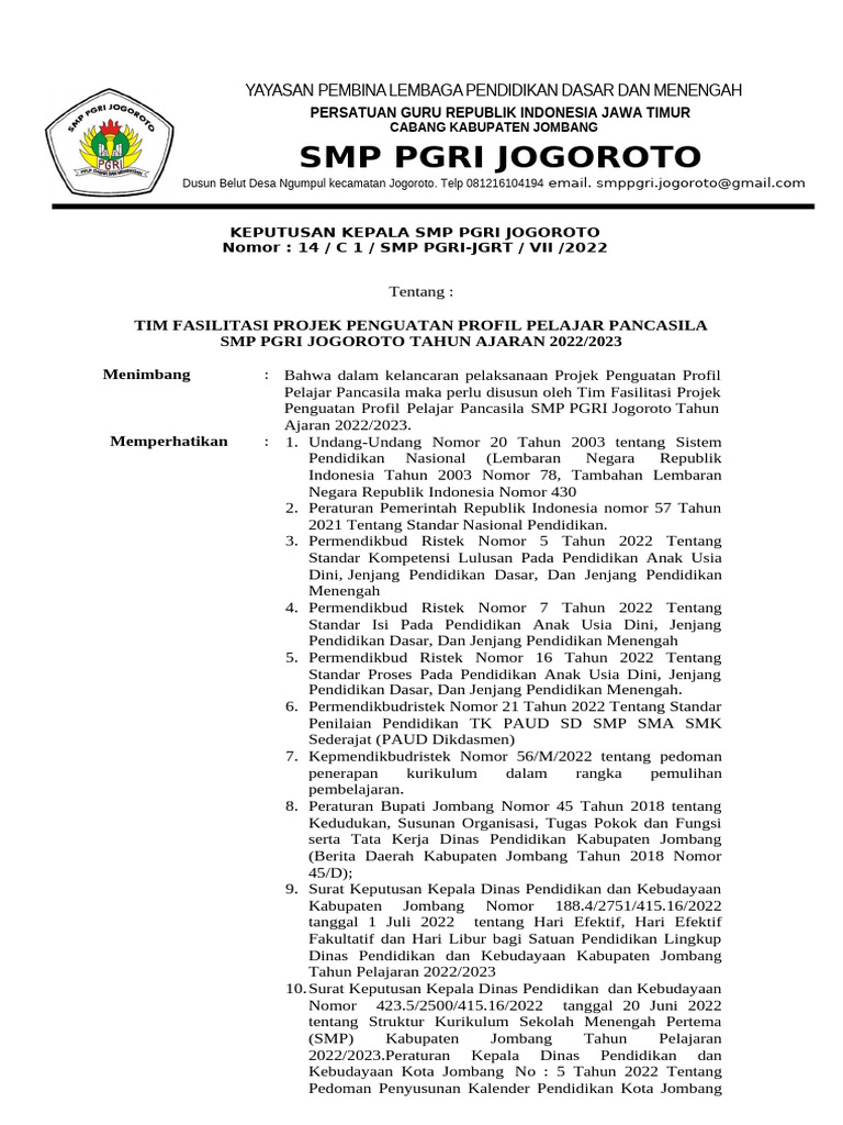 SK Tim Fasilitasi Projek Profil Pelajar Pancasila (p5) | PDF
