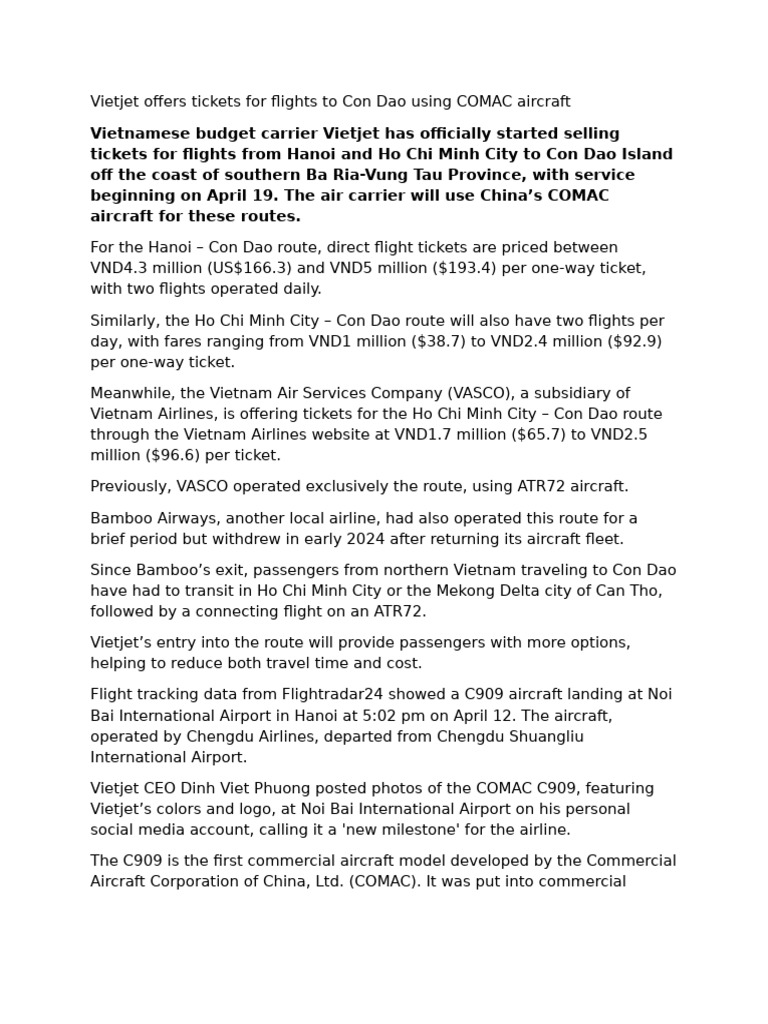 Vietjet Offers Tickets For Flights To Con Dao Using COMAC Aircraft ...