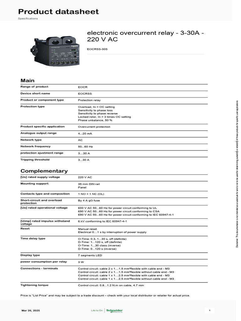 Schneider Electric - EOCR - EOCRSS-30S | PDF | Relay | Alternating Current