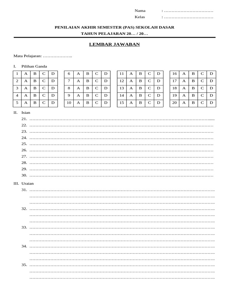 LEMBAR JAWAB PAS GANjil | PDF