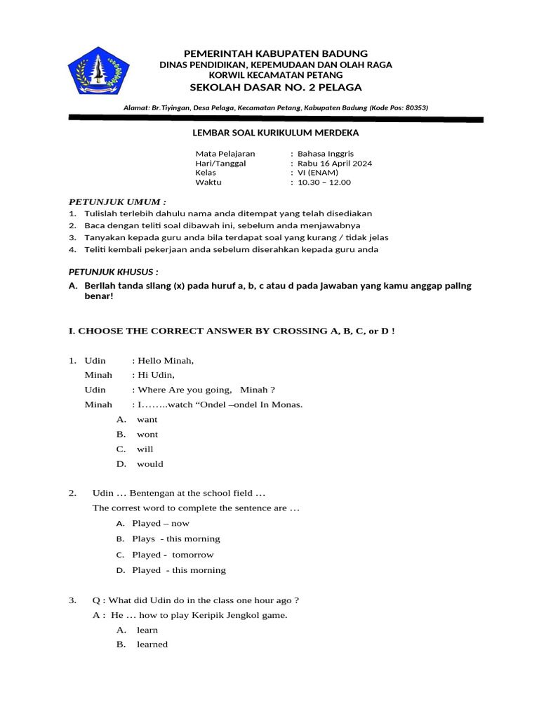 Soal US SD - Bahasa Inggris | PDF | Indonesia