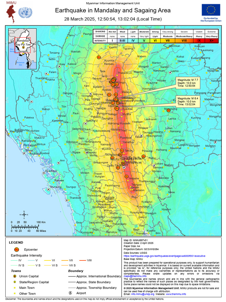 Map_Earthquakes in Mandalay and Sagaing Area_MIMU887v01_02Apr2025_A4 | PDF