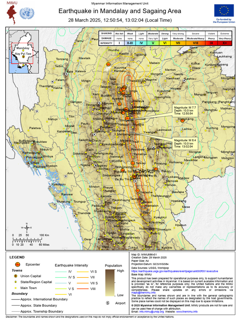 Map - Earthquakes in Mandalay and Sagaing Area With Worldpop ...