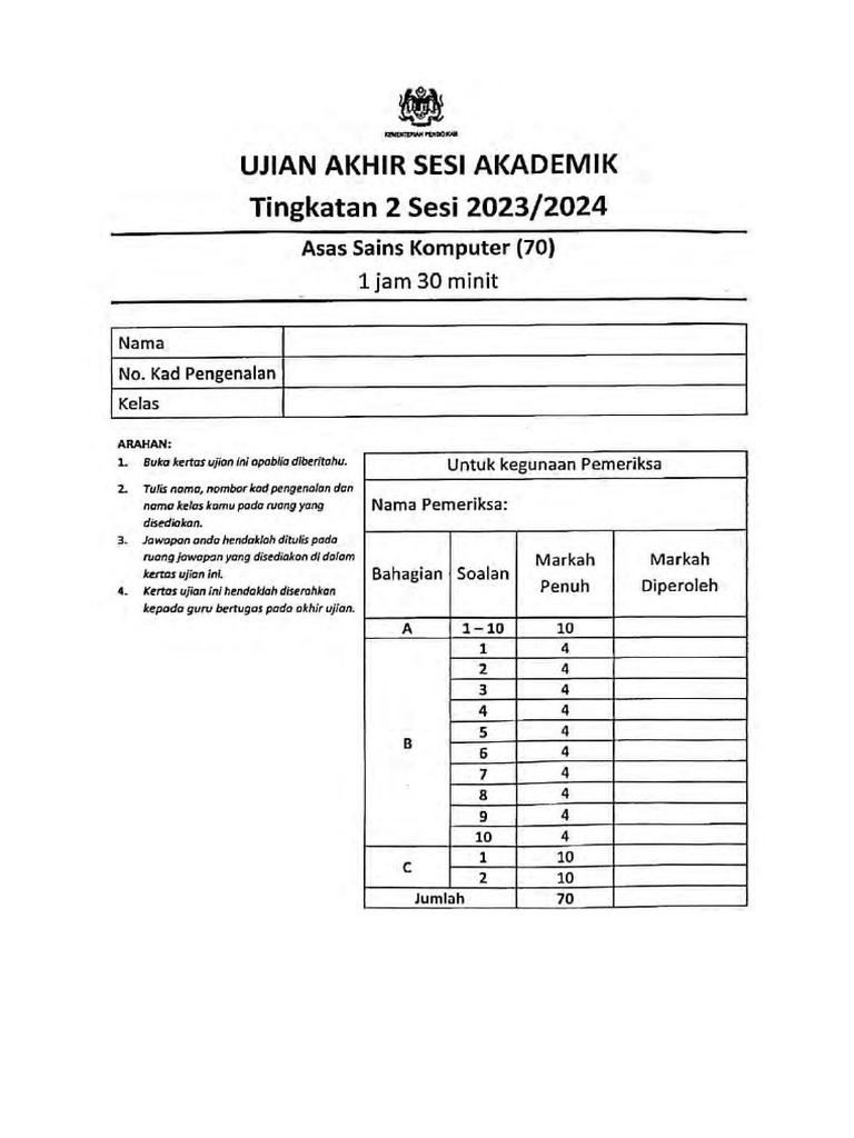 UA24SMK2ASK UASA Asas Sains Komputer Tingkatan 2 | PDF