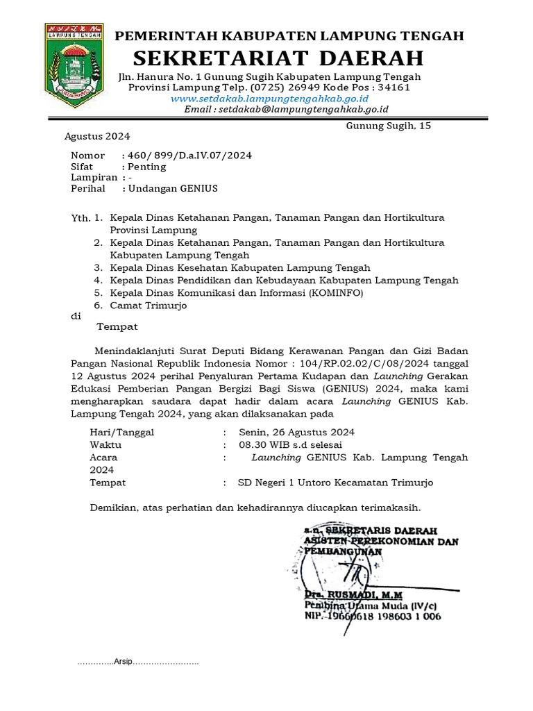 Undangan Launching GENIUS 2024 Lampung Tengah | PDF