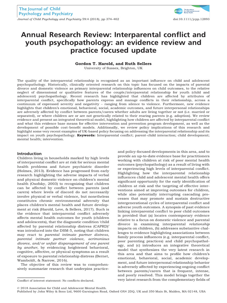 Annual Research Review Interparental Con Ict and Youth Psychopathology ...