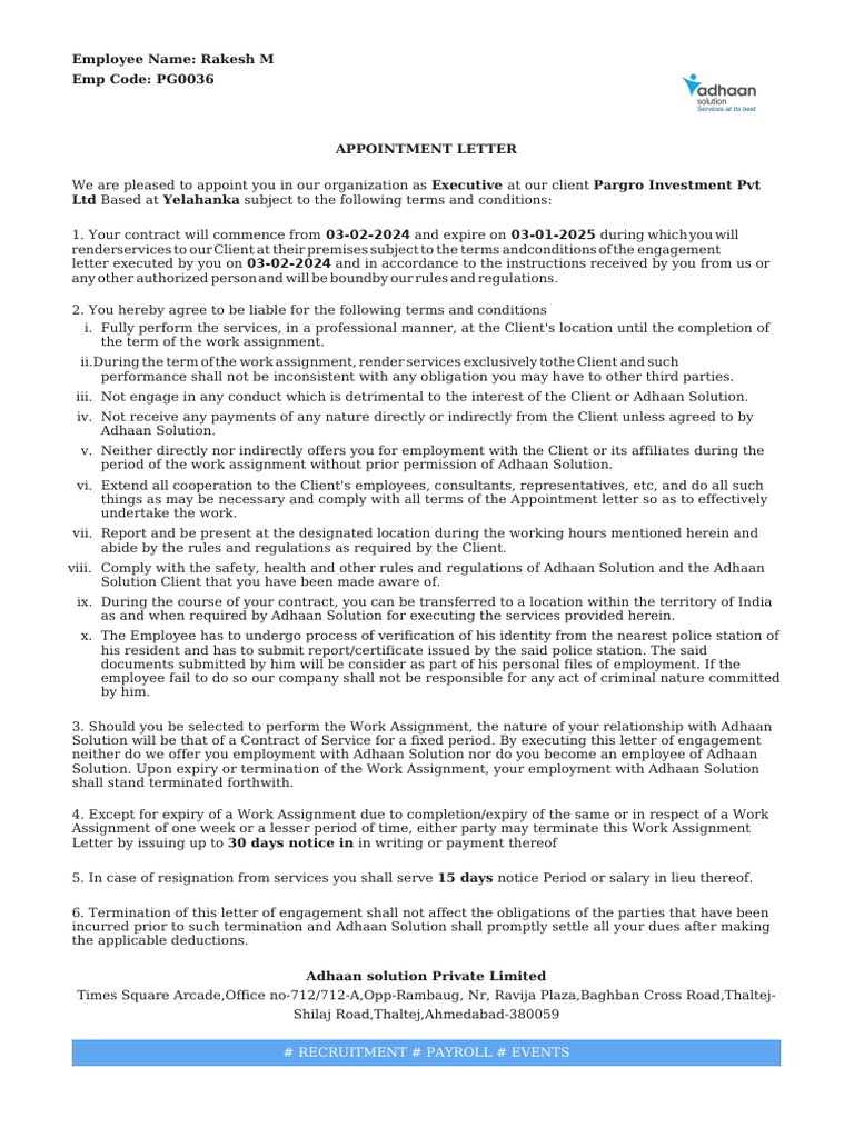 PG0036 - Rakesh M - Adhaan Job Letter | PDF | Employment | Payroll