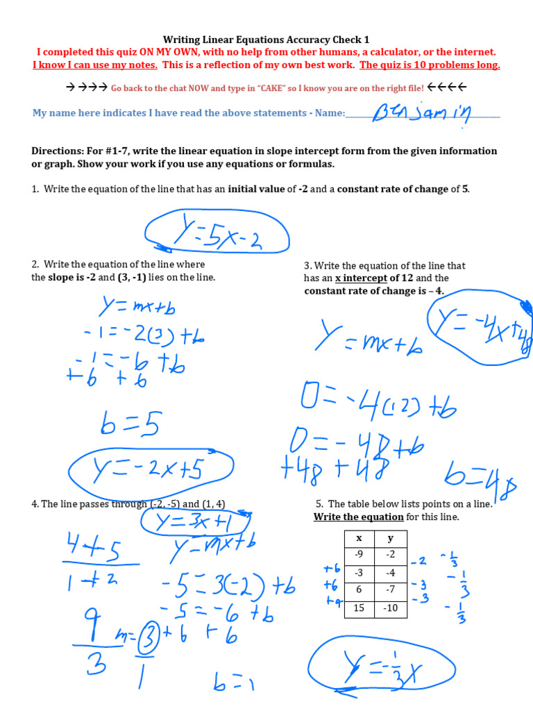 Linear Equations Quiz and Reflection | PDF | Equations | Mathematical ...