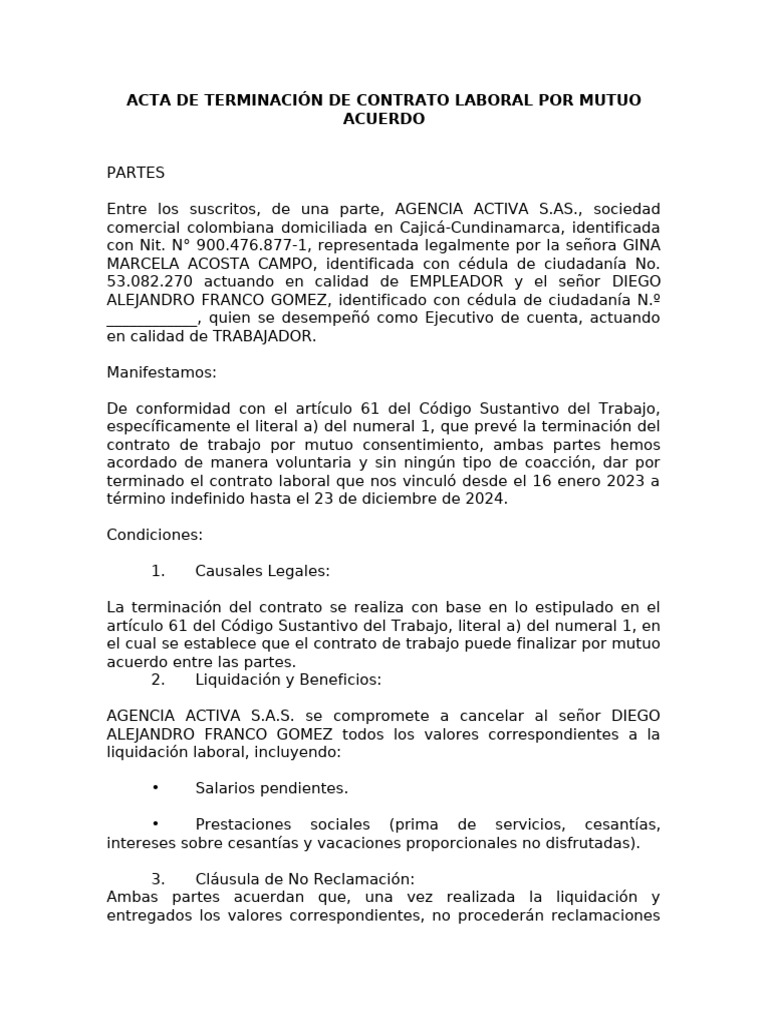 Acta de Terminación de Contrato Laboral Por Mutuo Acuerdo | PDF