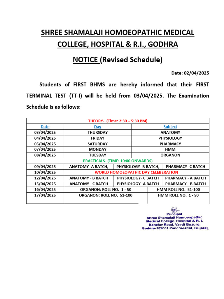 NOTICE - FYBHMS (TT-I) Revised TIME TABLE 2025 | PDF