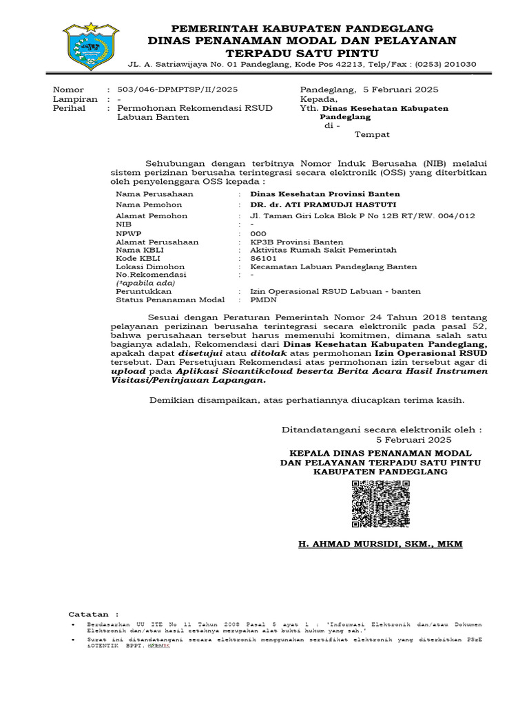 Permohonan Rekom RSUD Labuan | PDF