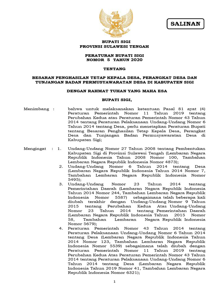 Perbup Nomor 5 Tahun 2020 tentang Besaran Penghasilan Tetap Kepala Desa Perangkat Desa dan ...