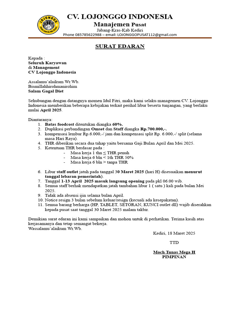 surat edaran & peraturan thr april 2025.docx | PDF