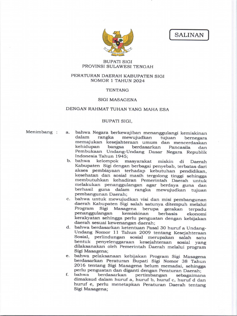 Perda Nomor 1 Tahun 2024 Tentang Sigi Masagena | PDF
