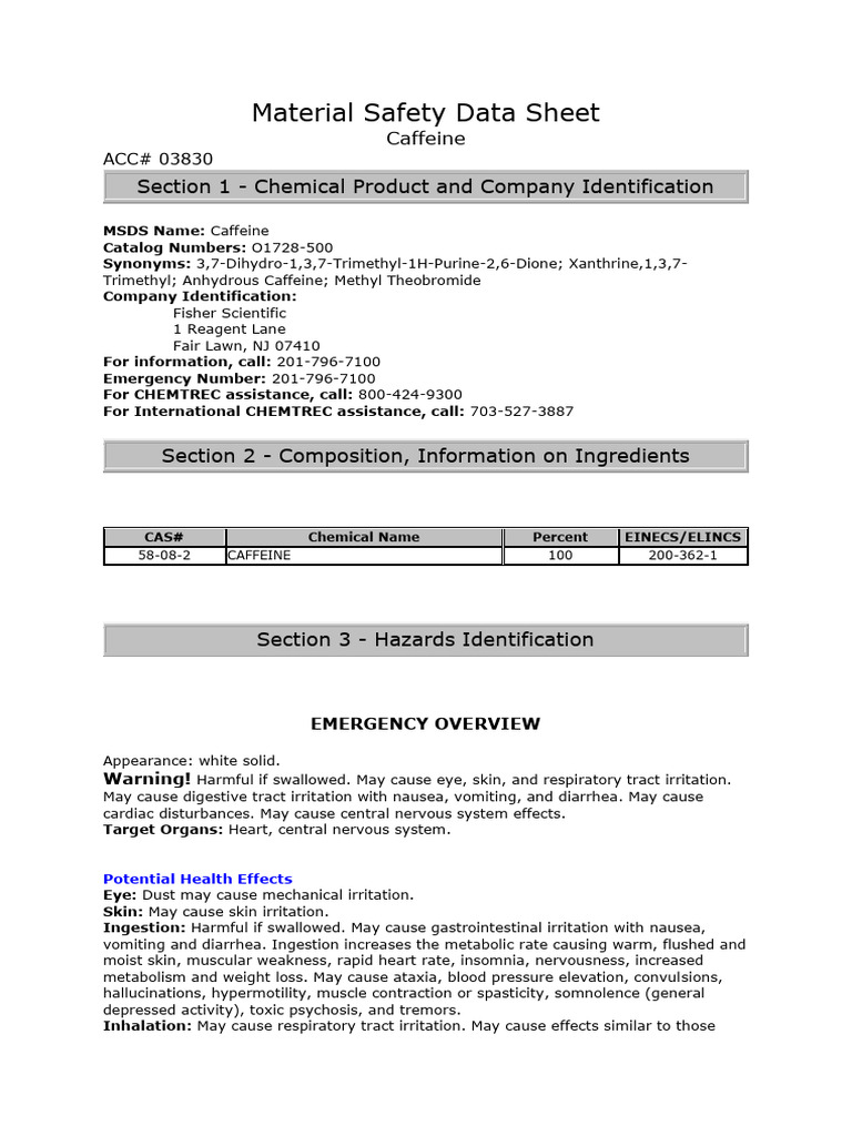 Material Safety Data Sheet Caffeine | PDF | Dangerous Goods | Personal ...