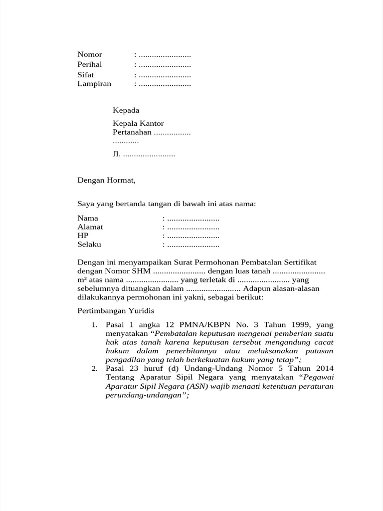 Contoh Surat Permohonan Pembatalan Sertifikat Tanah Di BPN | PDF