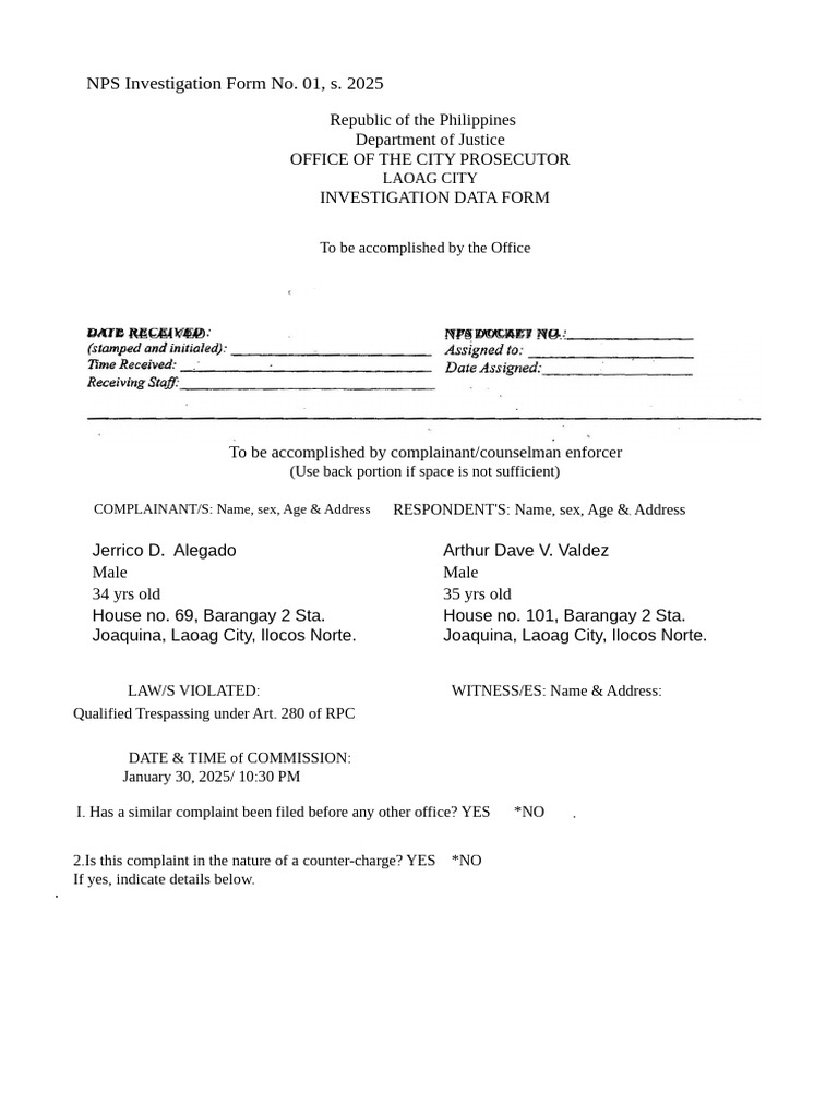 Nps Investigation Data Form | PDF