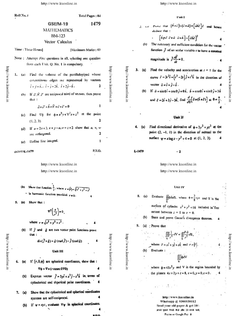 BSC 2 Sem Mathematics Vector Calculus 1479 M 2019 | PDF