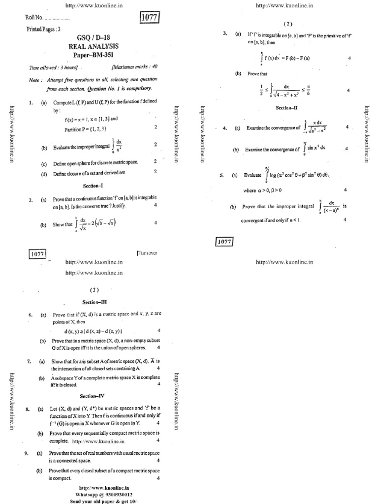 Bsc 5 Sem Mathematics Real Analysis 1077 d 2018 | PDF