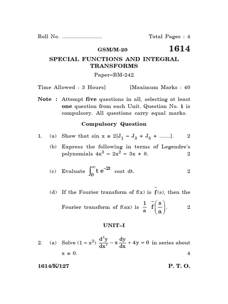 BSC 4 Sem Mathematics Special Functions and Integral Transforms 1614 2020 | PDF | Complex ...