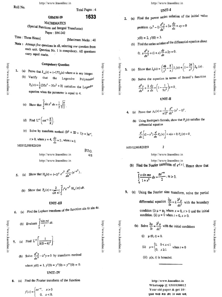Ba BSC 4 Sem Mathematics Special Functions and Integral Transforms 1633 May 2019 | PDF
