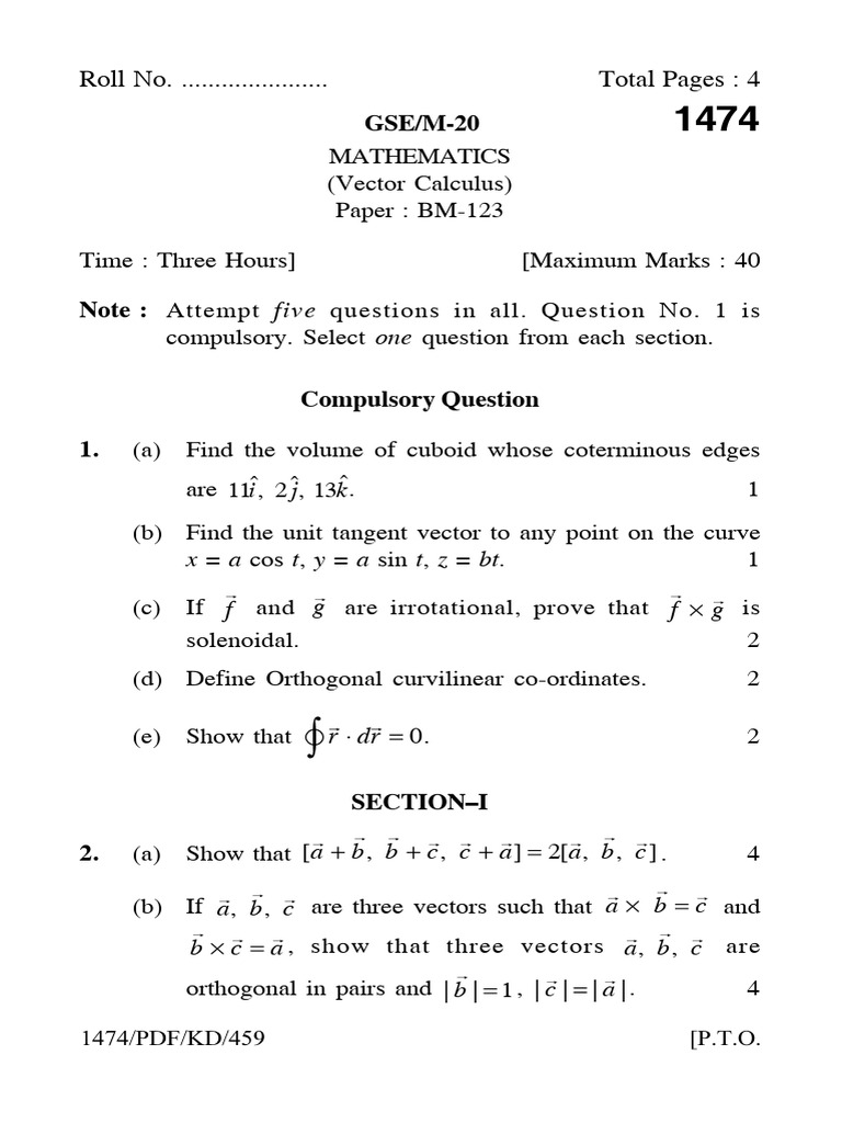 Mathematics Vector Calculus Exam Paper | PDF | Euclidean Vector ...