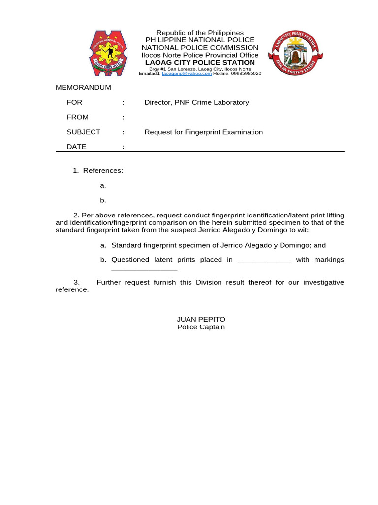 Sample Request Format of Fingerprint Examination | PDF
