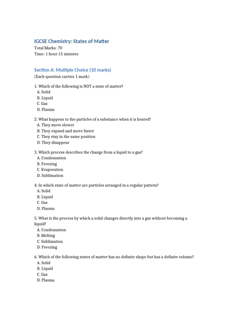 IGCSE Chemistry: States of Matter Exam | PDF | Gases | Liquids