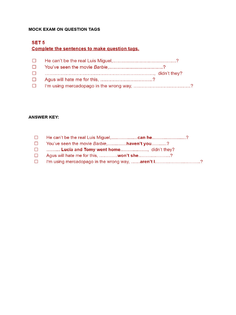 Mock Exam On Question Tags 4° | PDF