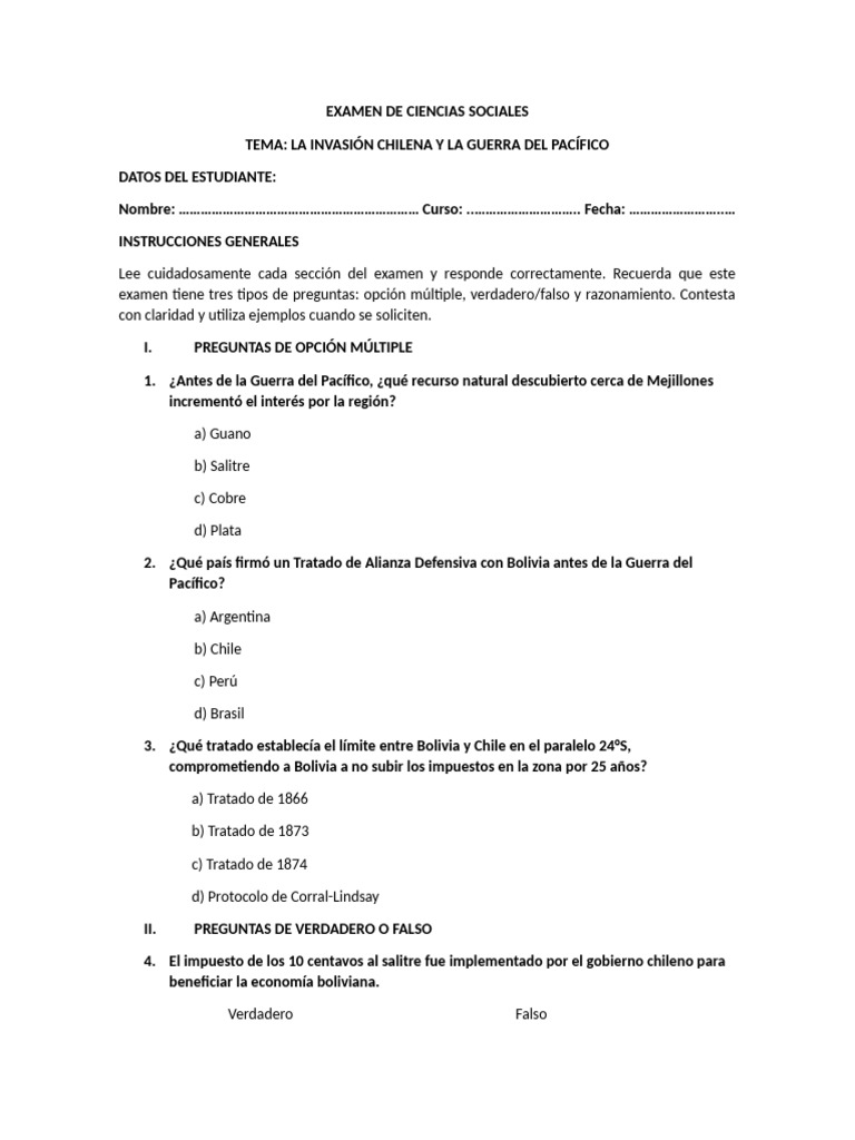Examen sobre la Guerra del Pacífico | PDF
